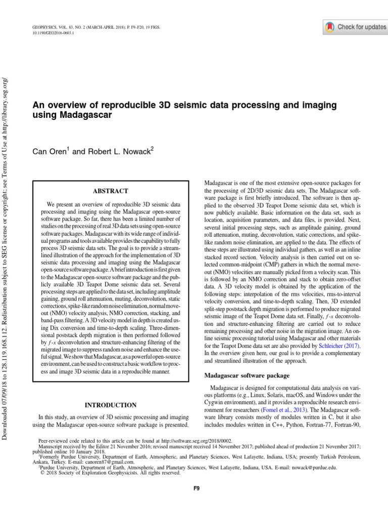 An Overview of Reproducible 3D Seismic Data Processing and Imaging ...
