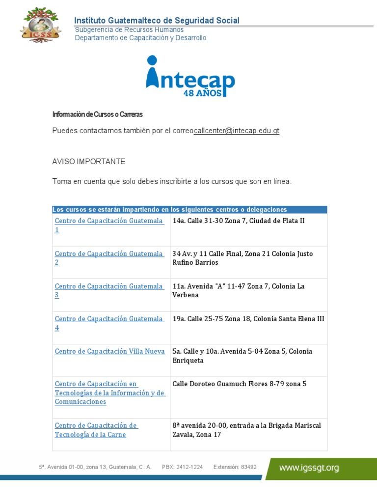 Cursos INTECAP Guatemala 2020 | PDF | Guatemala | Microsoft