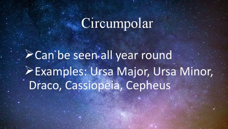 Circumpolar: Can Be Seen All Year Round Examples: Ursa Major, Ursa ...