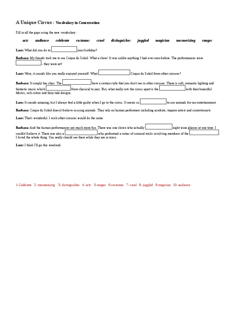A Unique Circus Vocabulary in Conversation (Worksheet) | PDF