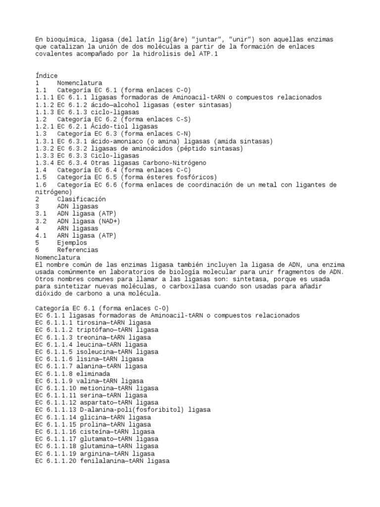 Clasificación de Ligasas en Bioquímica | PDF | Biomoléculas | Biología ...