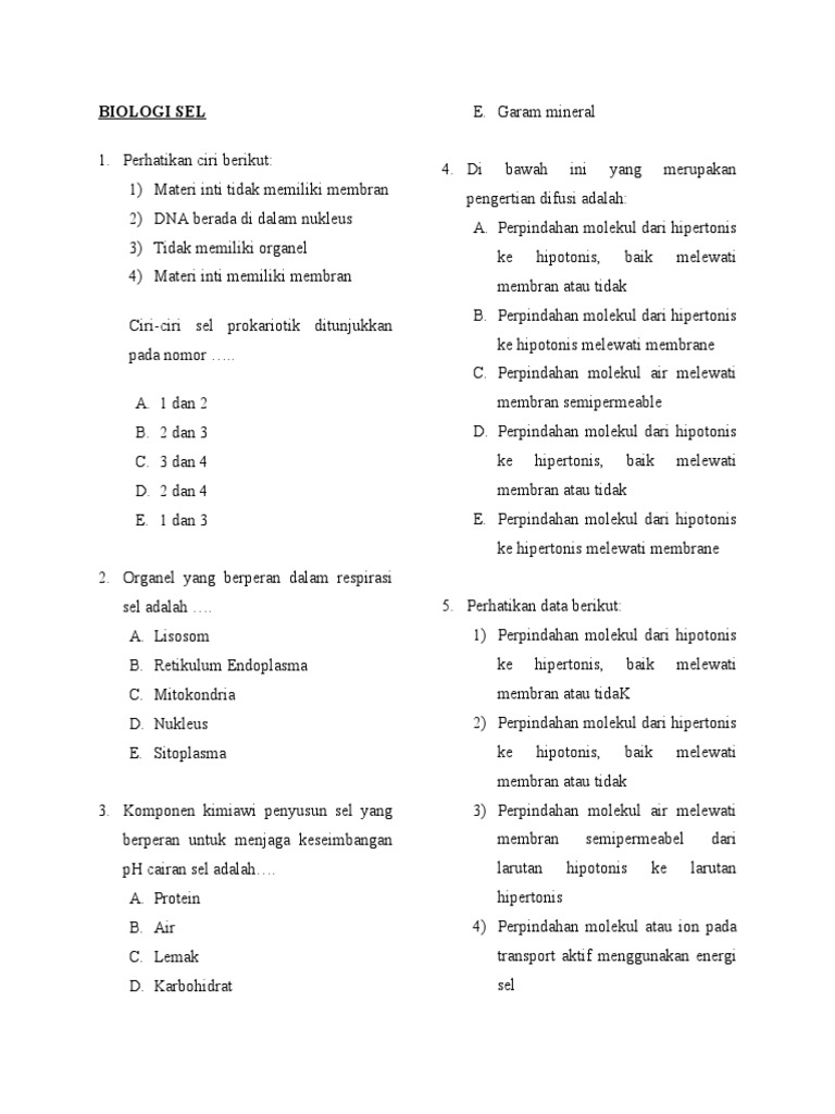 Soal Soal Biologi Sel | PDF