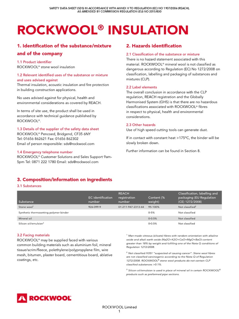 Msds Rockwool Insulation Web | PDF | Materials | Chemistry