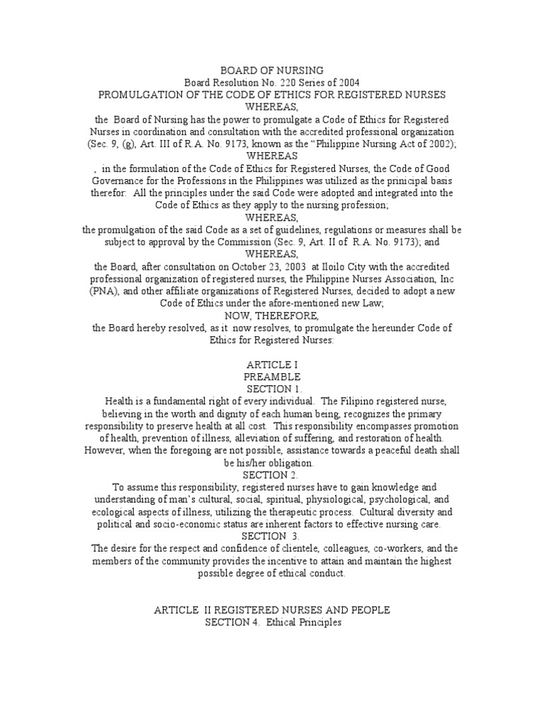 Code of Ethics for Philippine Nurses | PDF