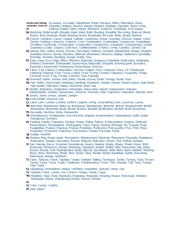 Fashion and Clothing Vocabulary Word List | PDF | Clothing | Fashion