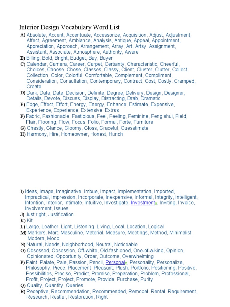 Interior Design Vocabulary Word List | PDF