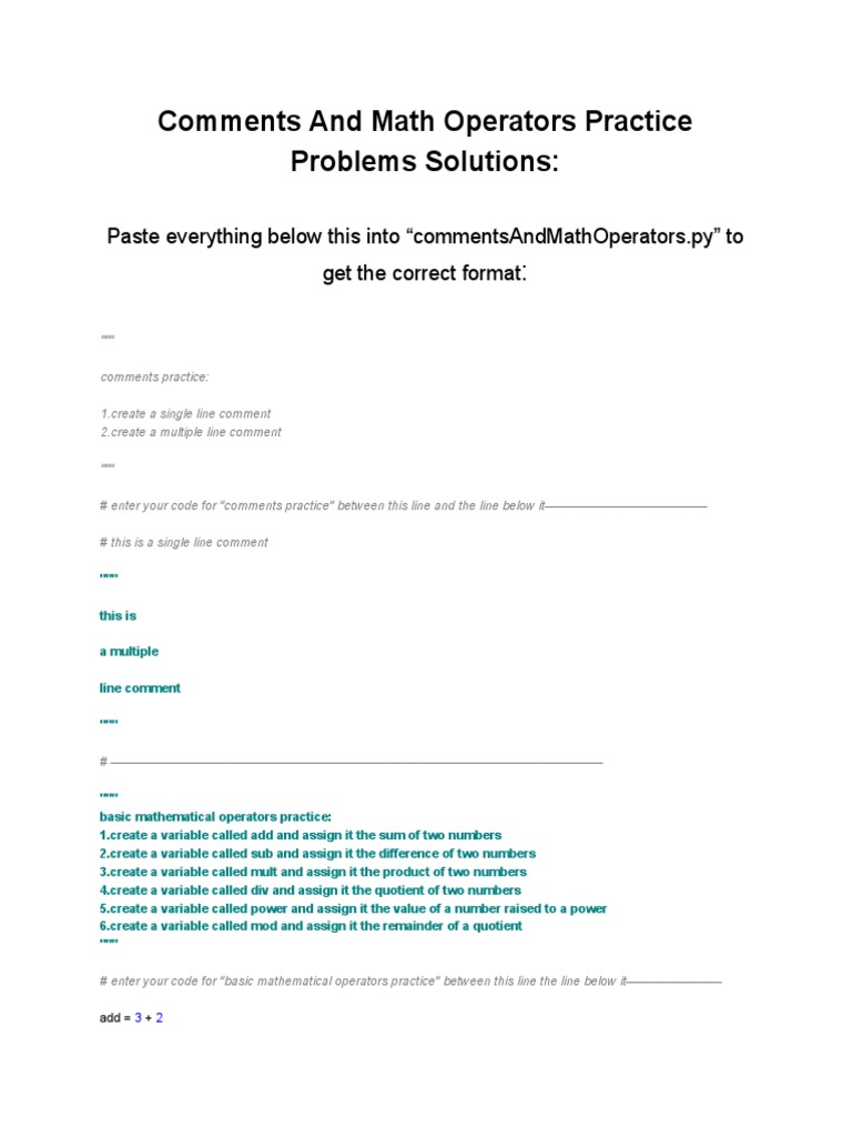 Comments and Math Operators Practice Problems Solutions | PDF | Numbers ...