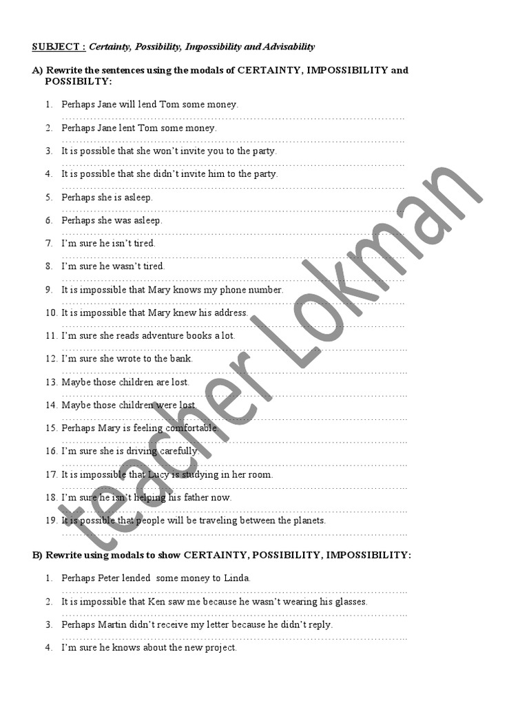 SUBJECT: Certainty, Possibility, Impossibility and Advisability A ...