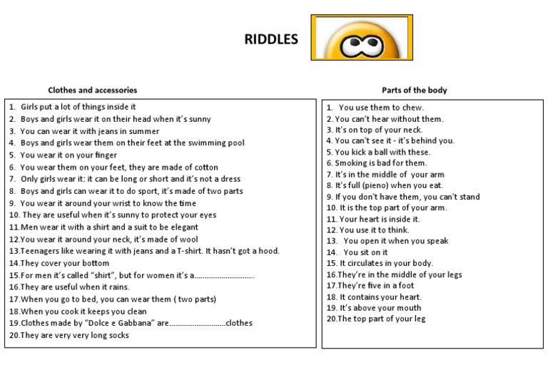 Body Parts and Clothing Riddles | PDF | Consumer Goods | Clothing
