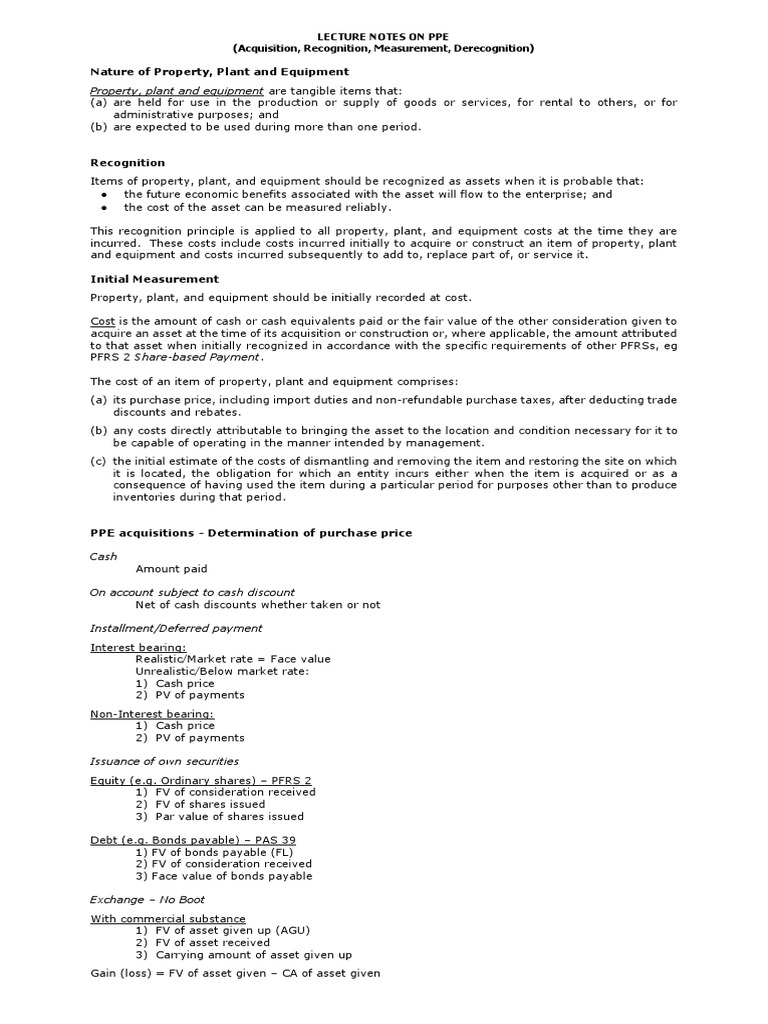 Lecture Notes On PPE - Acq & Rec | PDF | Fixed Asset | Depreciation