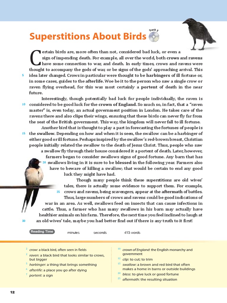 Superstitions About Birds: Reading Time | PDF | Luck