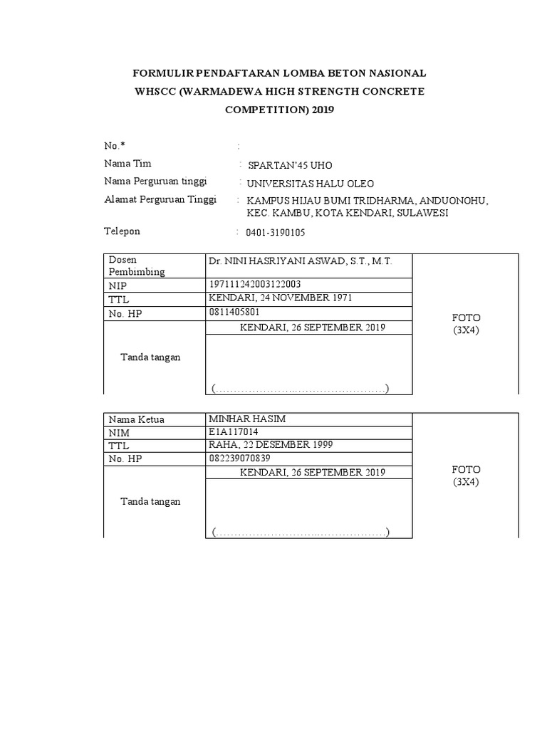 Formulir Pendaftaran Lomba Beton Nasional WHSCC | PDF