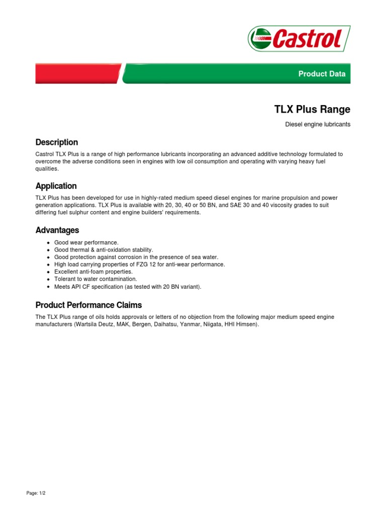 Castrol TLX Plus Marine Lubricants Data | PDF | Lubricant ...