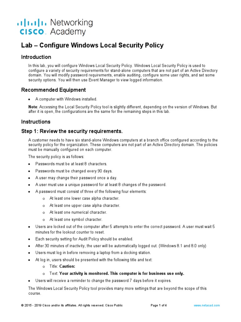 Lab - Configure Windows Local Security Policy | PDF | Password | Active ...