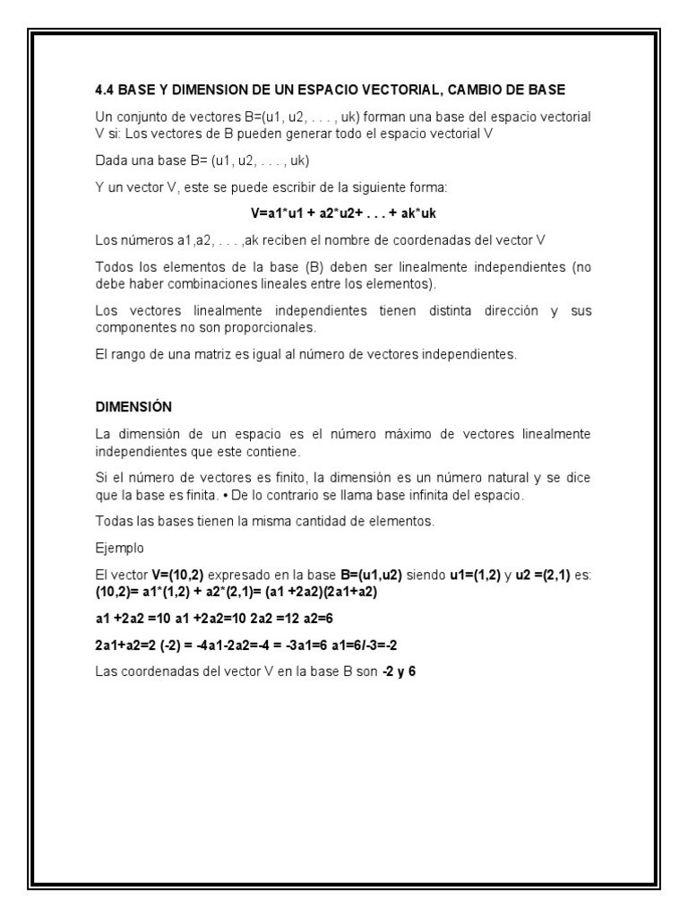 4.4 Base y Dimension de Un Espacio Vectorial, Cambio de Base | PDF | Base (álgebra lineal ...