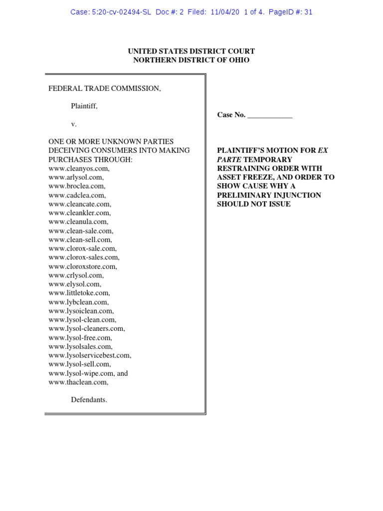 US DIS OHND 5 20cv2494 Ex Parte Motion For Temporary Restraining Order ...
