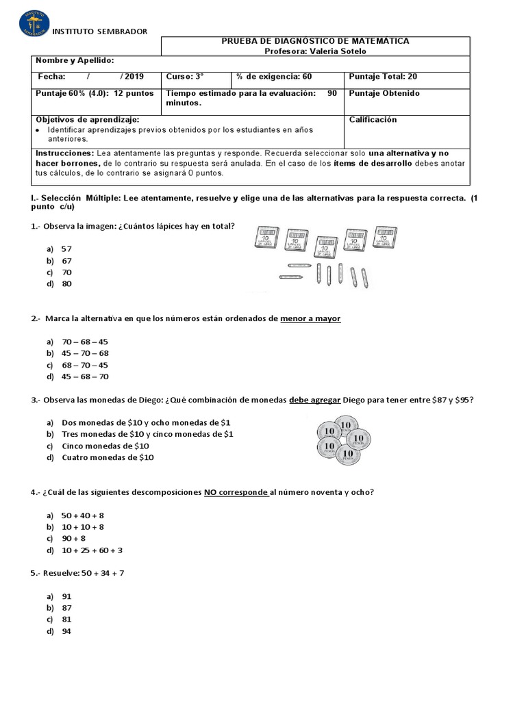 Prueba Diagnóstica de Matemáticas 3° | PDF | Enseñanza de matemática ...