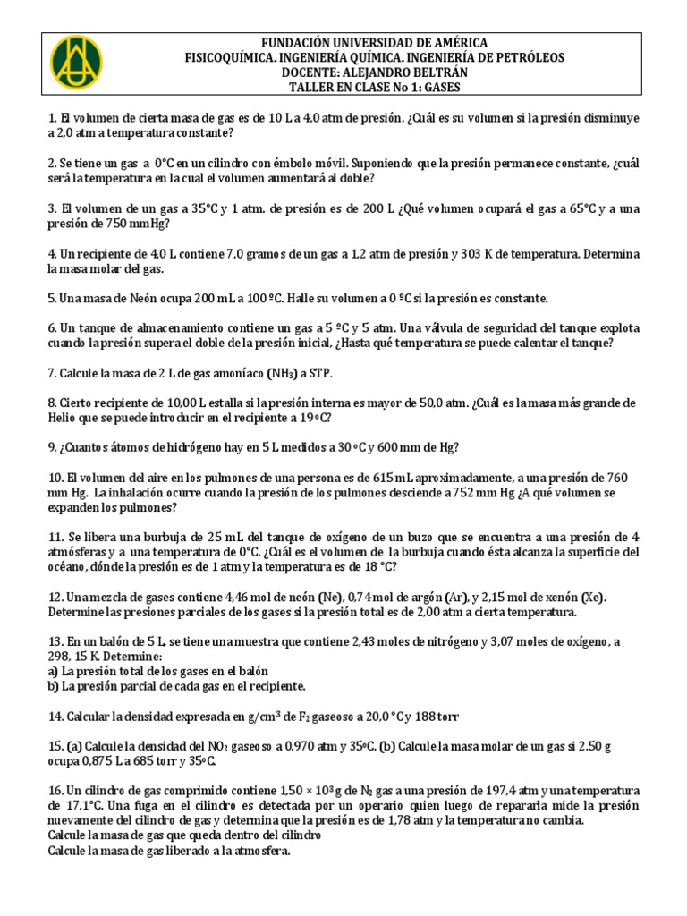 Taller 1 Fisicoquimica Gases Ideales PDF | PDF | Amoníaco | Gases