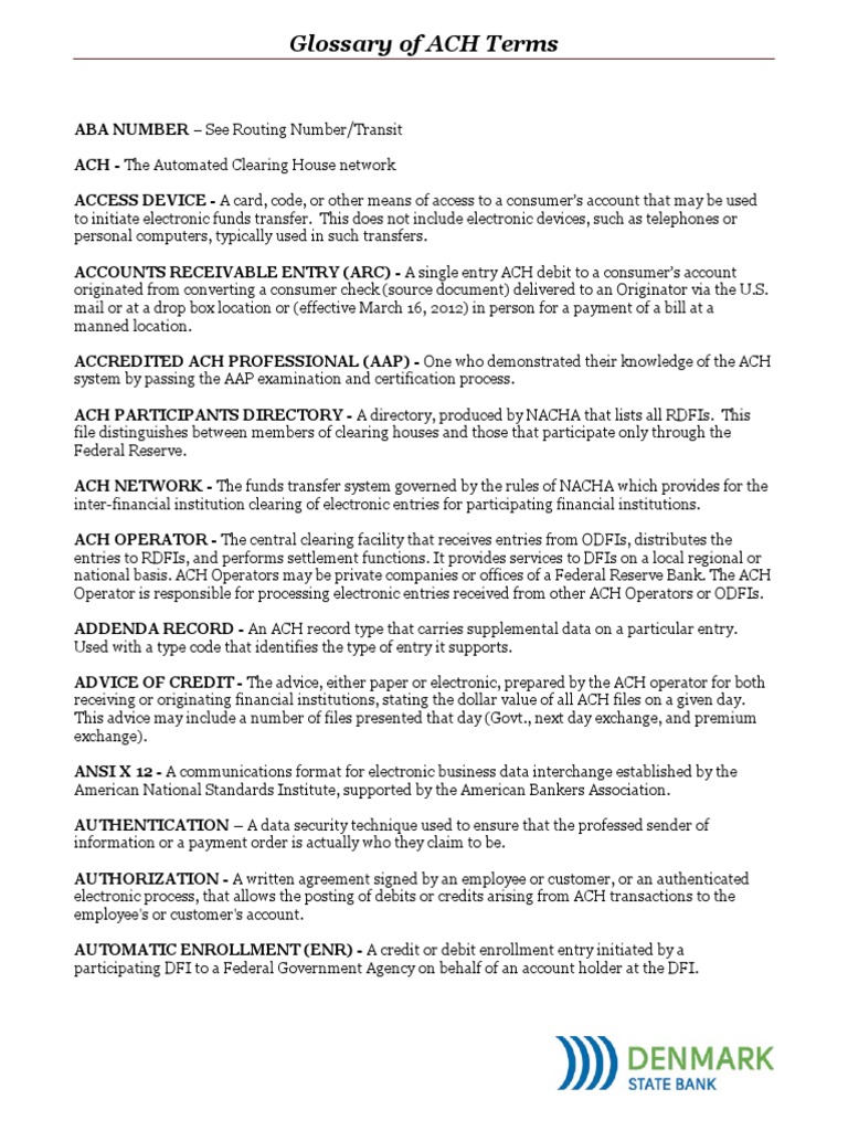 Glossary of ACH Terms - FINAL | PDF | Clearing (Finance) | Automated ...