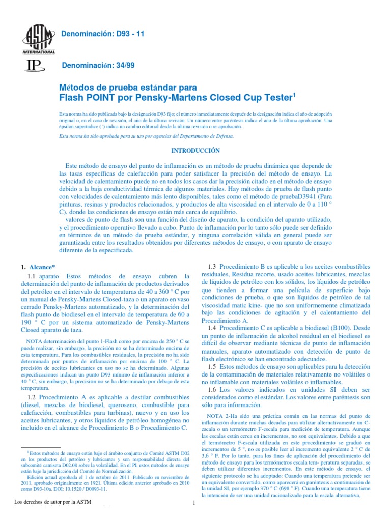 ASTM D93-11 (Metodos de Prueba Estandar para Flash Point Por Pensky-Martens Prueba de Camara ...