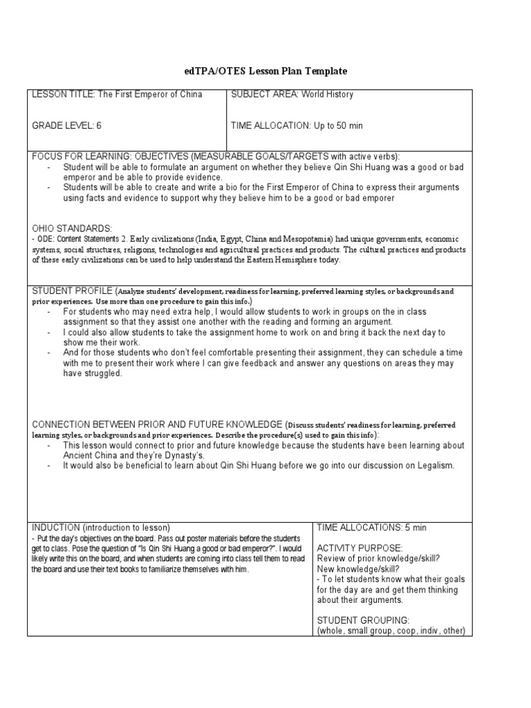 Edtpa/Otes Lesson Plan Template | PDF | Educational Assessment | Lesson ...