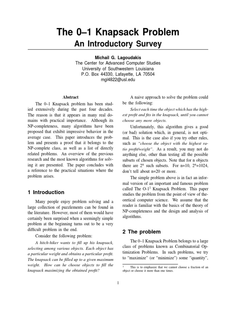 The 0-1 Knapsack Problem: An Introductory Survey | PDF | Time Complexity | Computational Problems