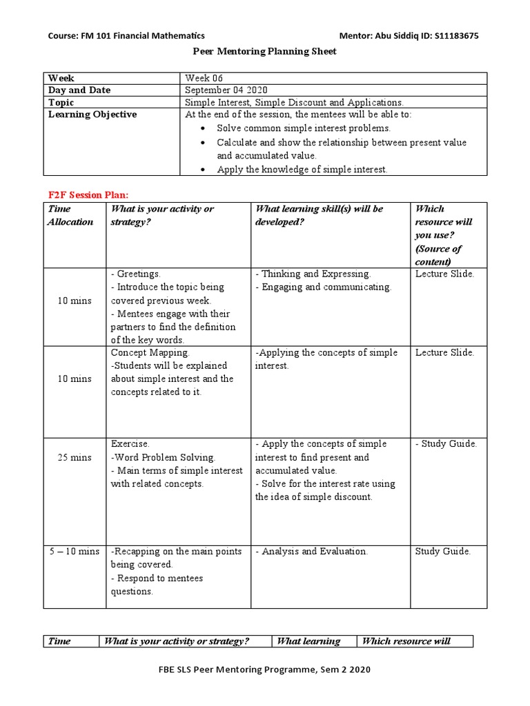 Peer Mentoring Planning Sheet Week Day and Date Topic Learning ...