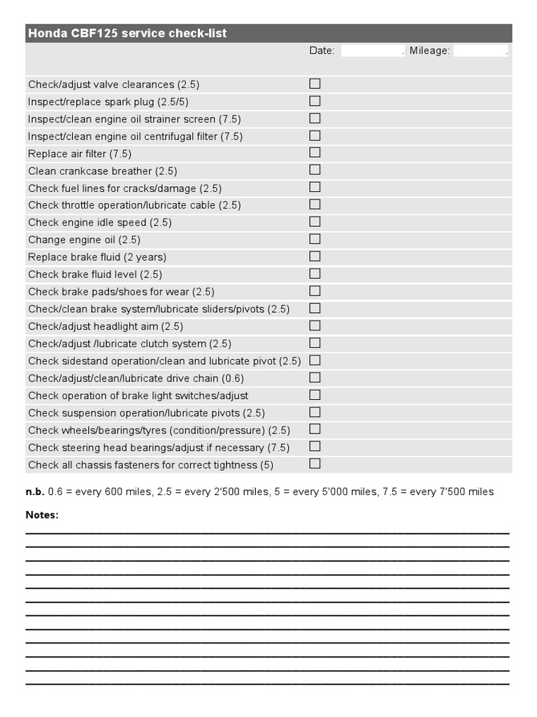 CBF125 Service Checklist and Intervals | PDF | Brake | Motor Oil