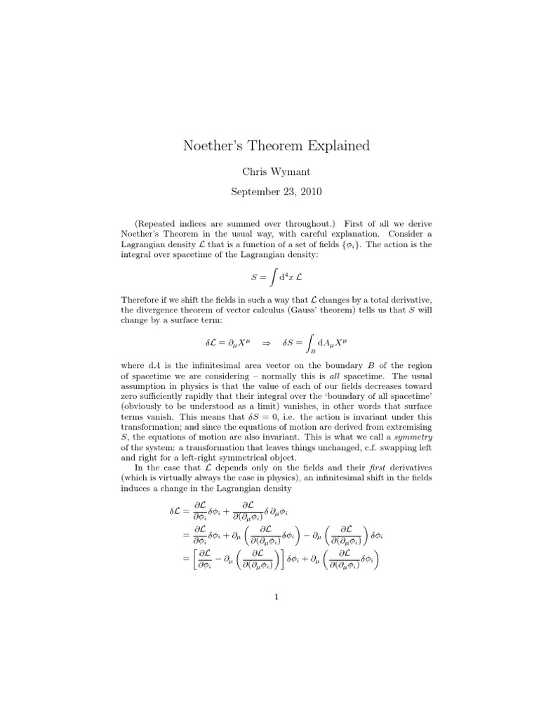 Noether's Theorem Explained: Chris Wymant September 23, 2010 | PDF ...