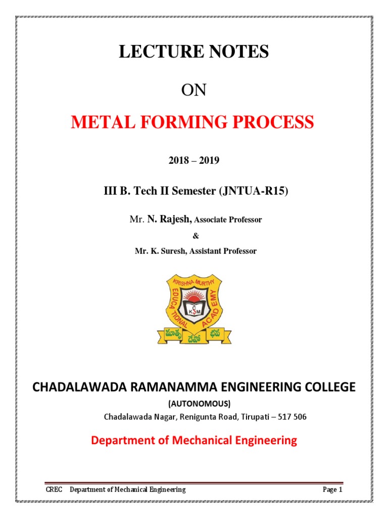 Lecture Notes MFP-III-II ME | PDF | Forging | Rolling (Metalworking)