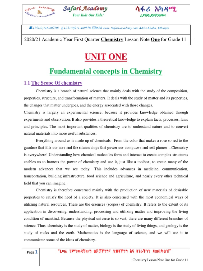 Chemistry Lesson Note For Grade 11 | PDF | Matter | Chemical Substances