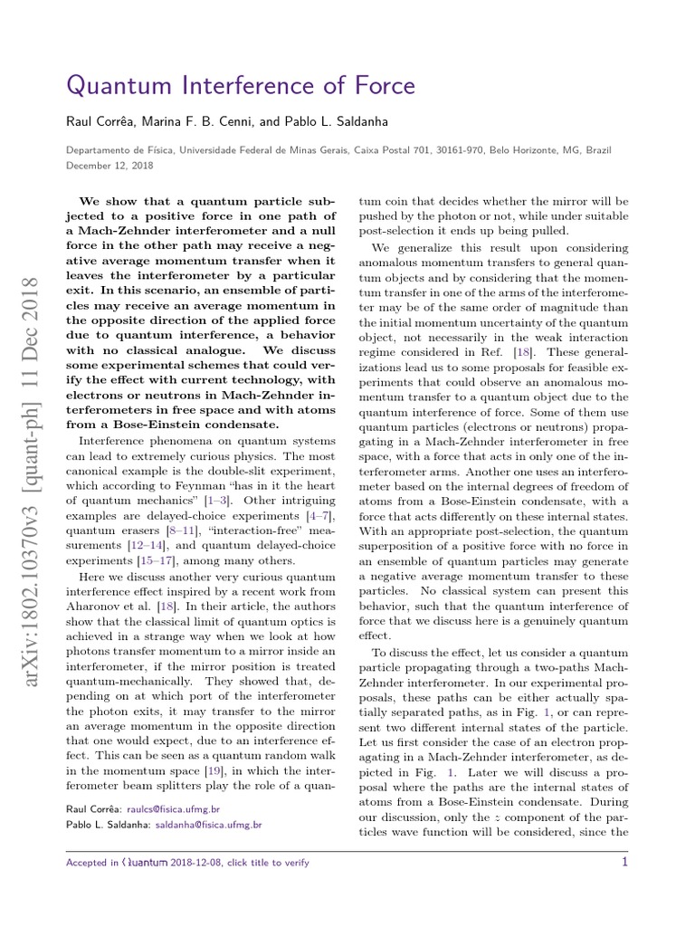 Quantum Interference of Force | PDF | Interferometry | Quantum Mechanics