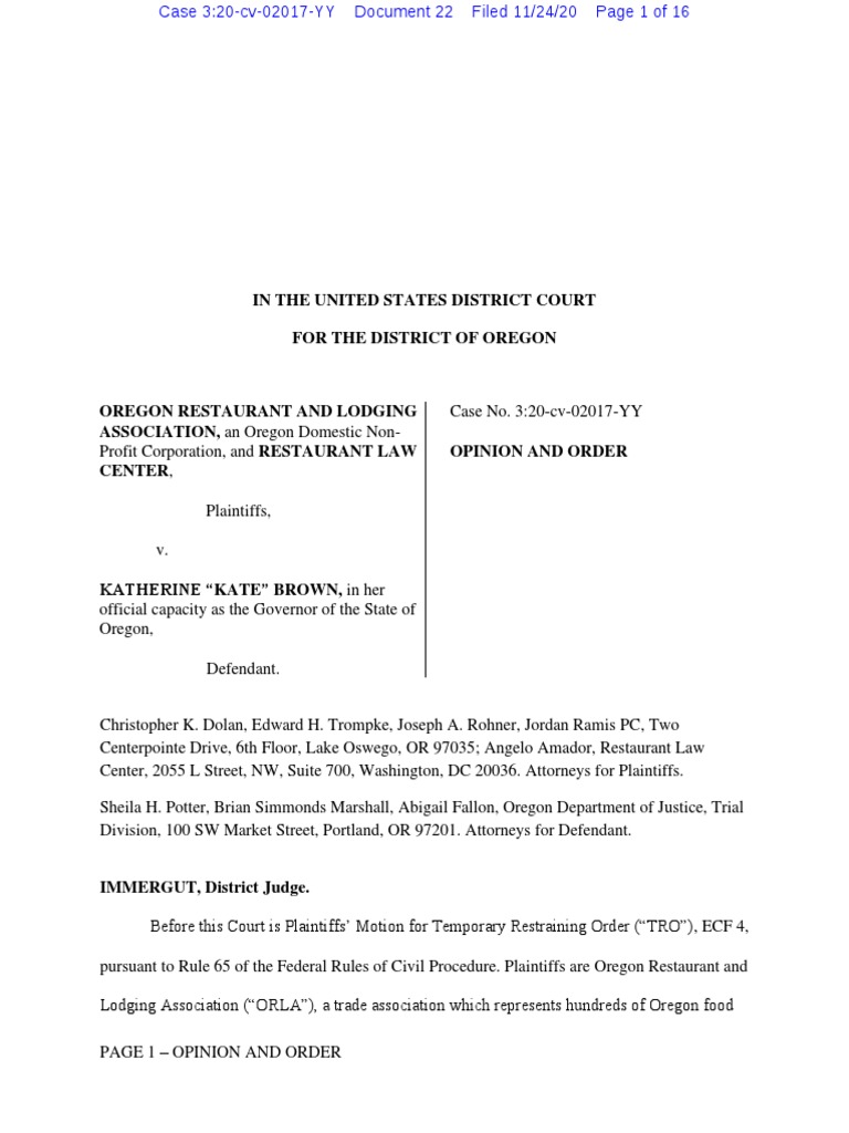 Restaurant TRO Motion Order PDF | PDF | Ex Parte Young | Injunction