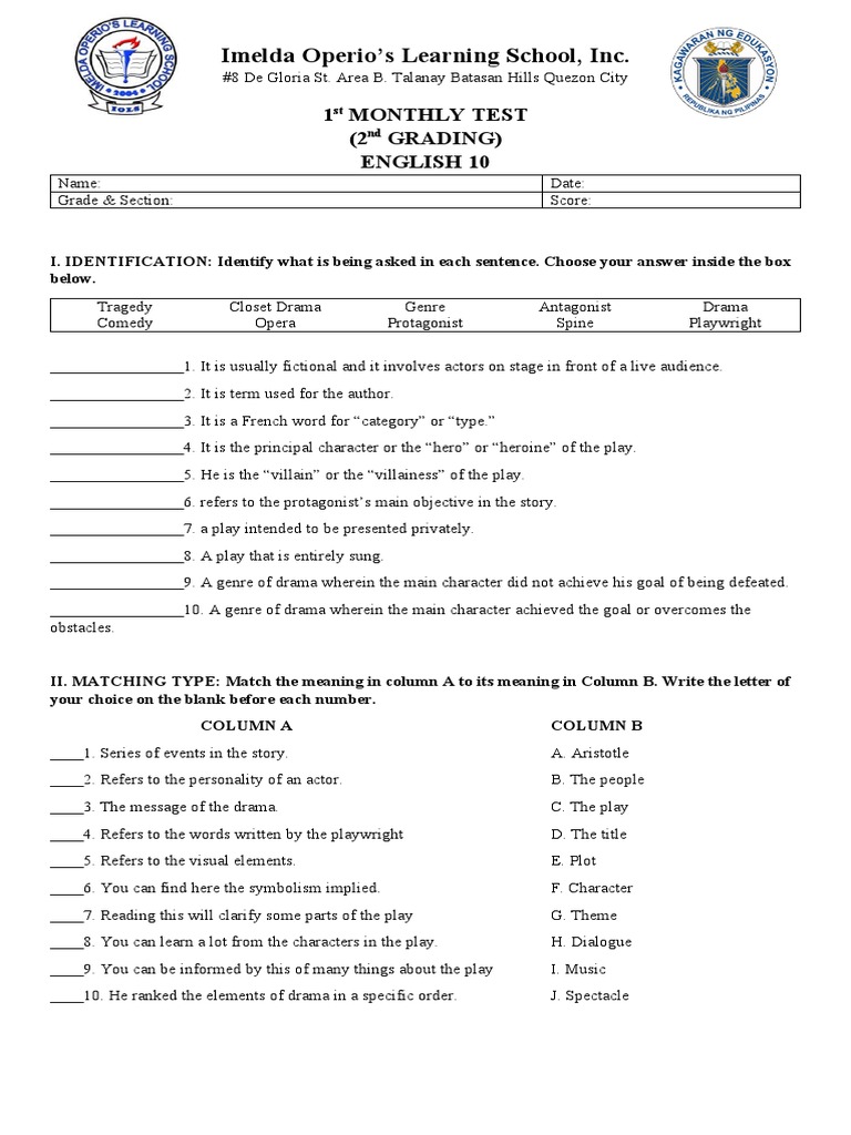 1st Monthly Exam Grade 10 English 2nd Grading Useng Edited | PDF | Play ...