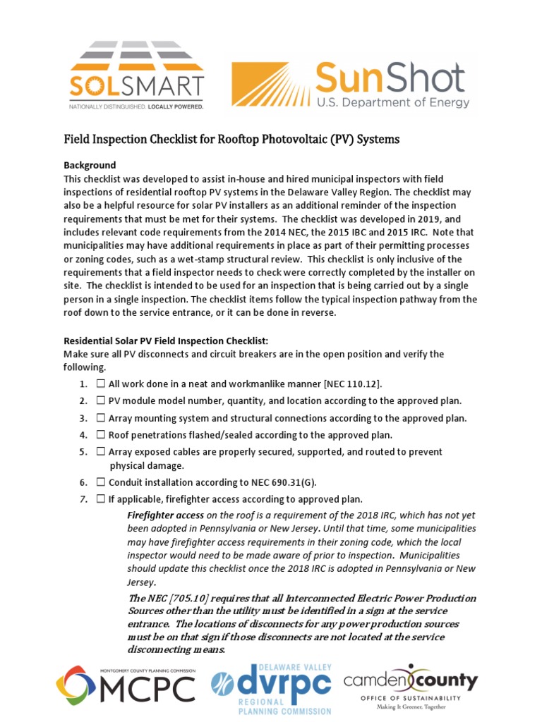 Field Inspection Checklist For Rooftop Photovoltaic FINAL DVRPC PDF ...