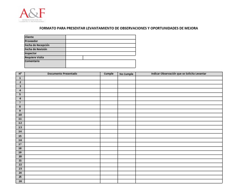 Formato de Levantamiento de Observaciones y Oportunidades de Mejora | PDF