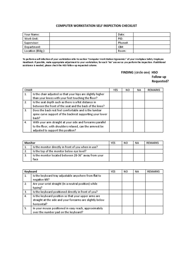 Computer Workstation Self Inspection Checklist: Monitor | PDF | Chair ...