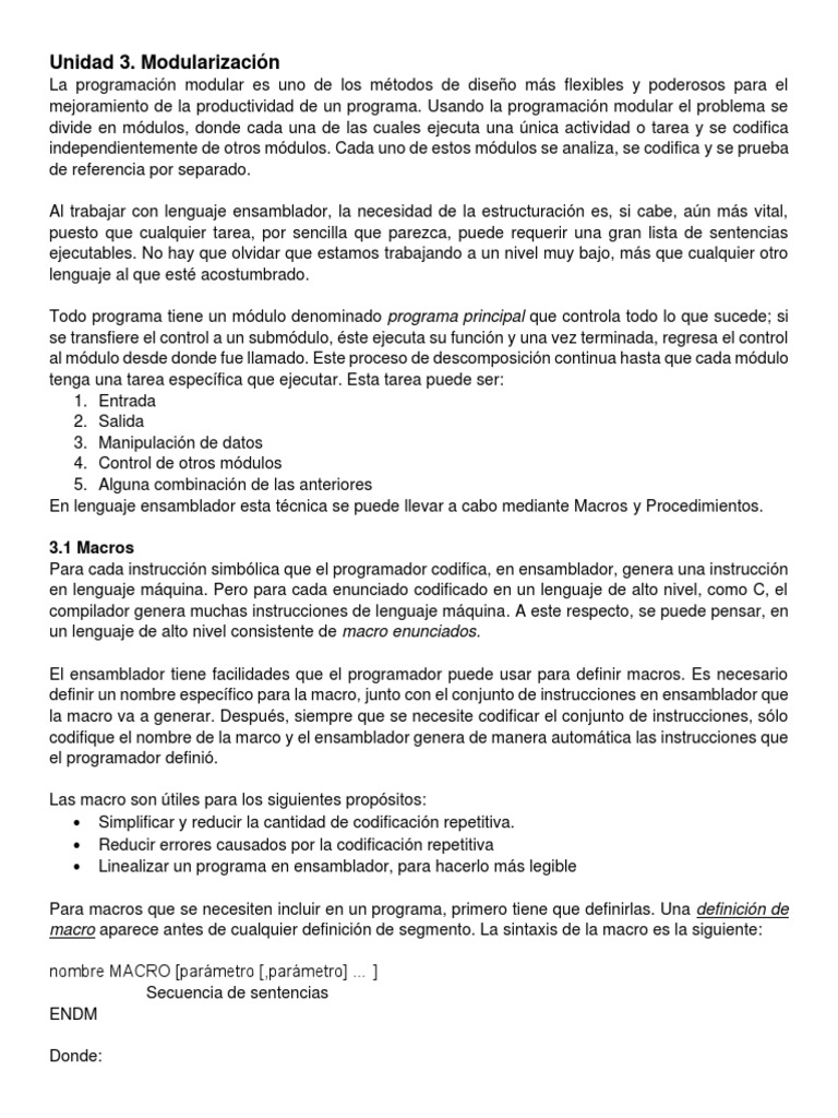 Unidad 3. Modularización PDF | PDF | Lenguaje ensamblador | Macro ...