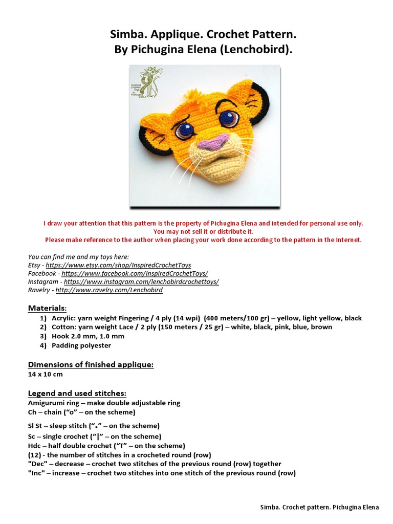 Simba. Applique. Crochet Pattern. by Pichugina Elena (Lenchobird) | PDF ...