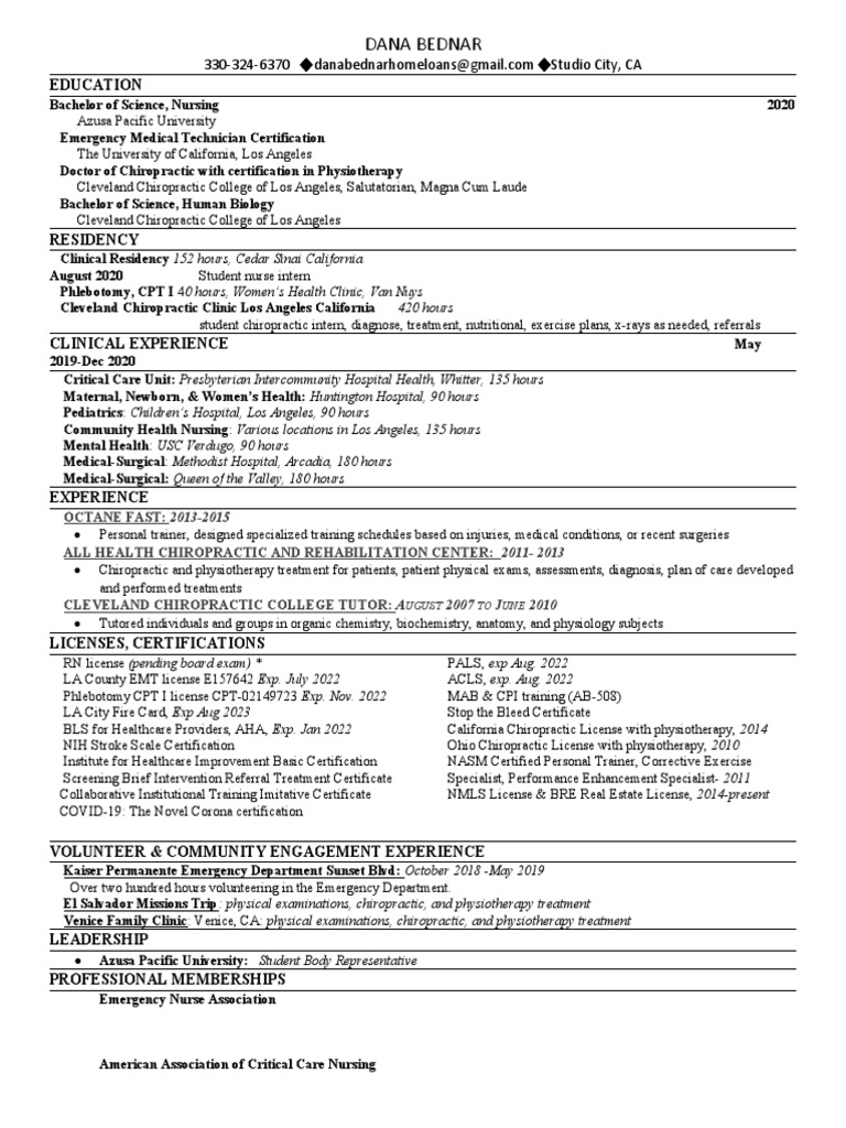 Resume Bednar Dana | PDF | Physical Therapy | Chiropractic