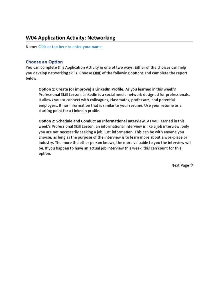 pc102 Document w04ApplicationActivity NetworkingTemplate | PDF | Career ...
