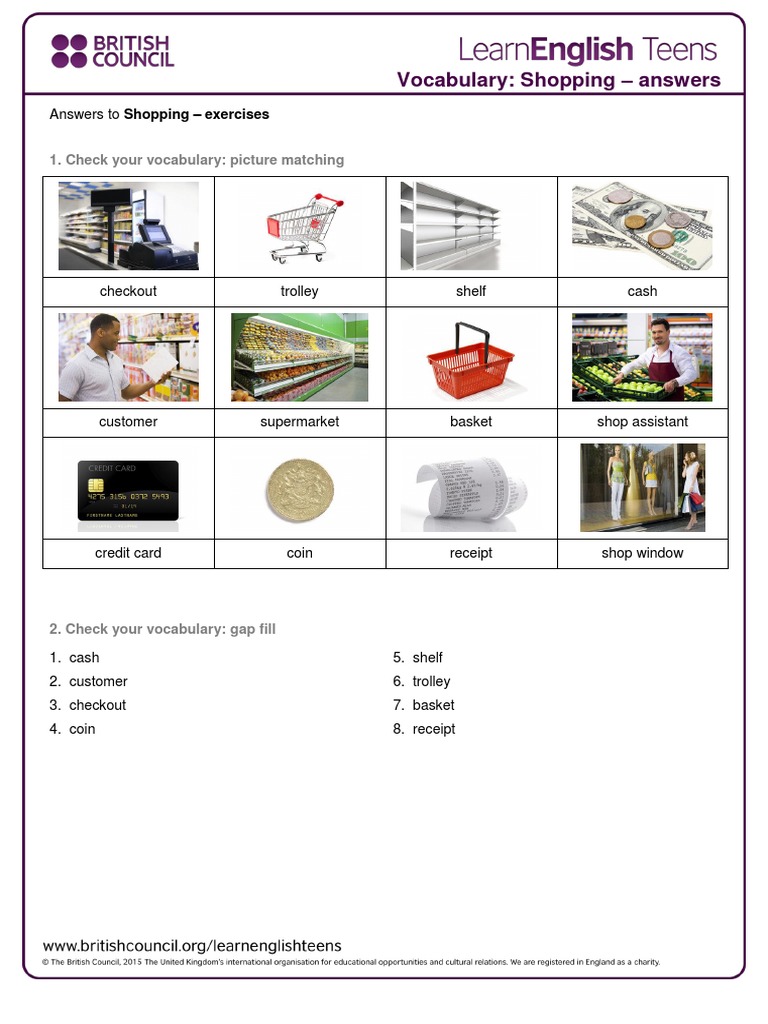 Vocabulary: Shopping - Answers: - Exercises | PDF