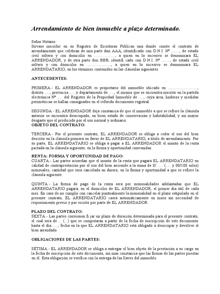 Contrato de Arrendamiento de Bien Inmueble A Plazo Determinado | PDF | Alquiler | Propiedad