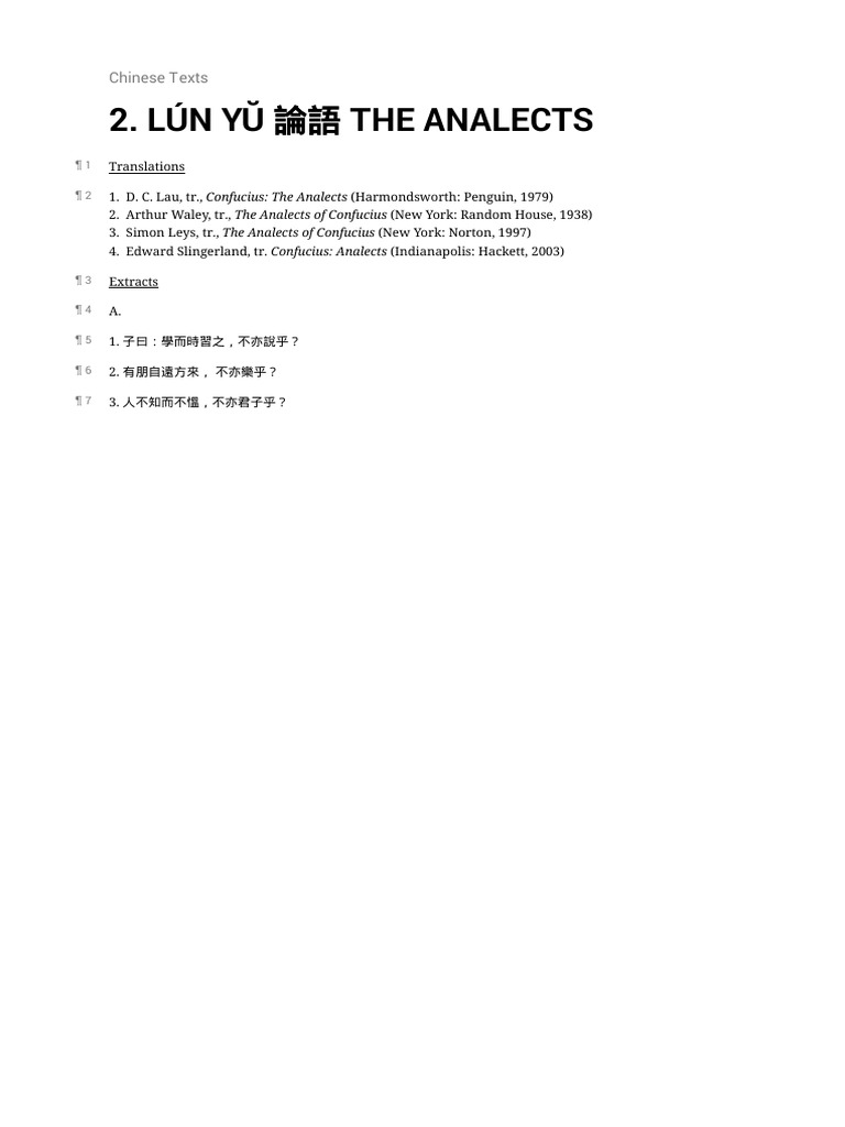 2. LÚN YŬ 論語 THE ANALECTS - Chinese Texts PDF | PDF | Verb | Analects