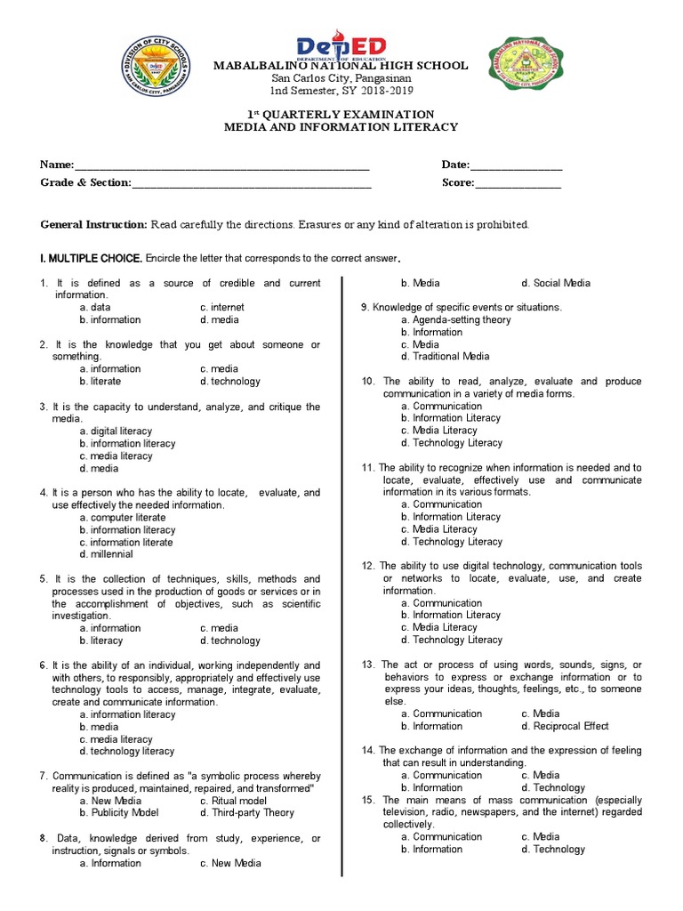MIL 1st Quarter Exam | PDF | Literacy | Media (Communication)