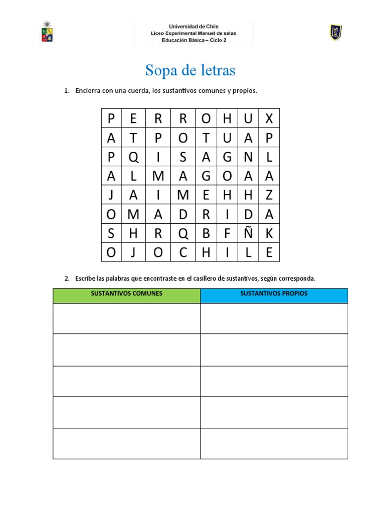 Sopa de letras: sustantivos comunes y propios | PDF