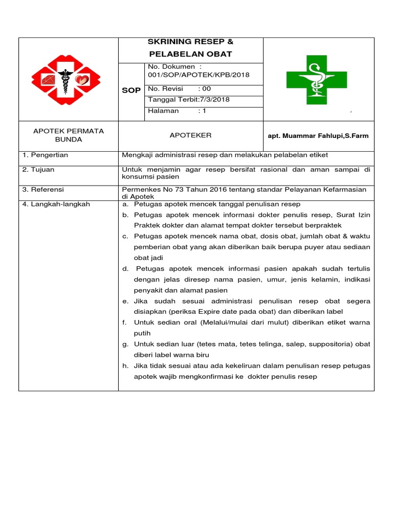 Sop Skrining Resep - Pelabelan Obat PDF | PDF