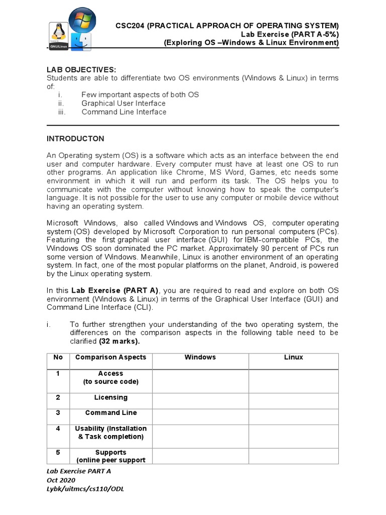 Lab Exercise (Part A) - DIfferences Linux and Windows (Oct2020) | PDF ...