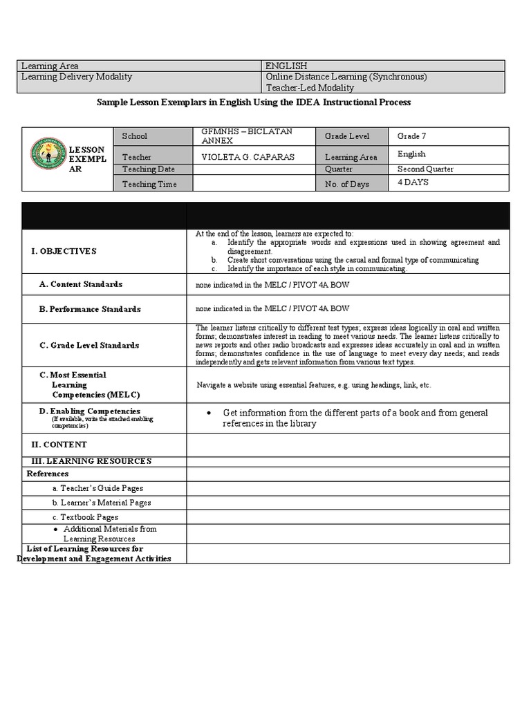 Sample Lesson Exemplars in English Using The IDEA Instructional Process ...
