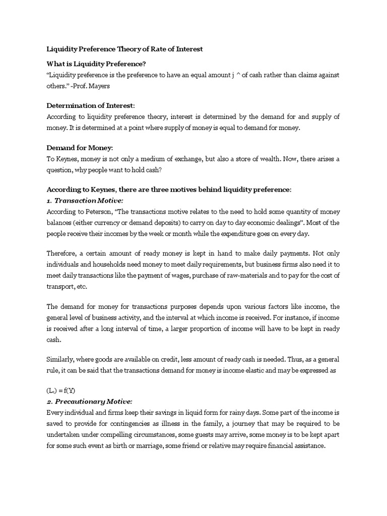 Liquidity Preference Theory of Rate of Interest | PDF | Finance & Money ...